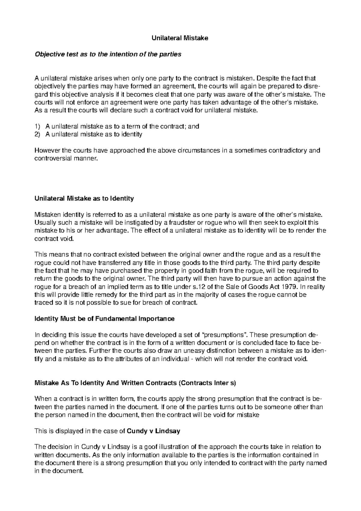 Unilateral Mistake - Lecture notes 1 - Unilateral Mistake Objective ...