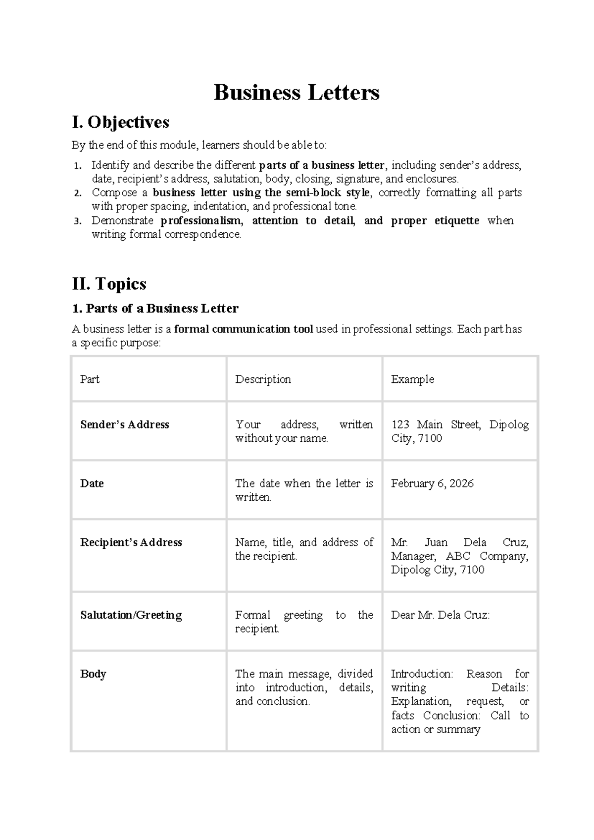 Business Letters I: Module 3 in Reading & Writing Skills - Studocu