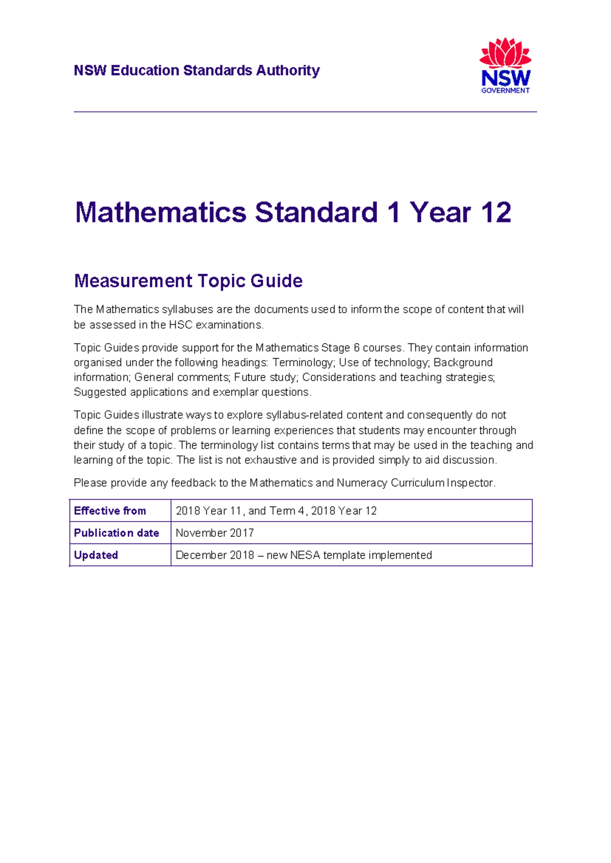 Mathematics Standard 1 Year 12: Measurement Topic Guide - Studocu