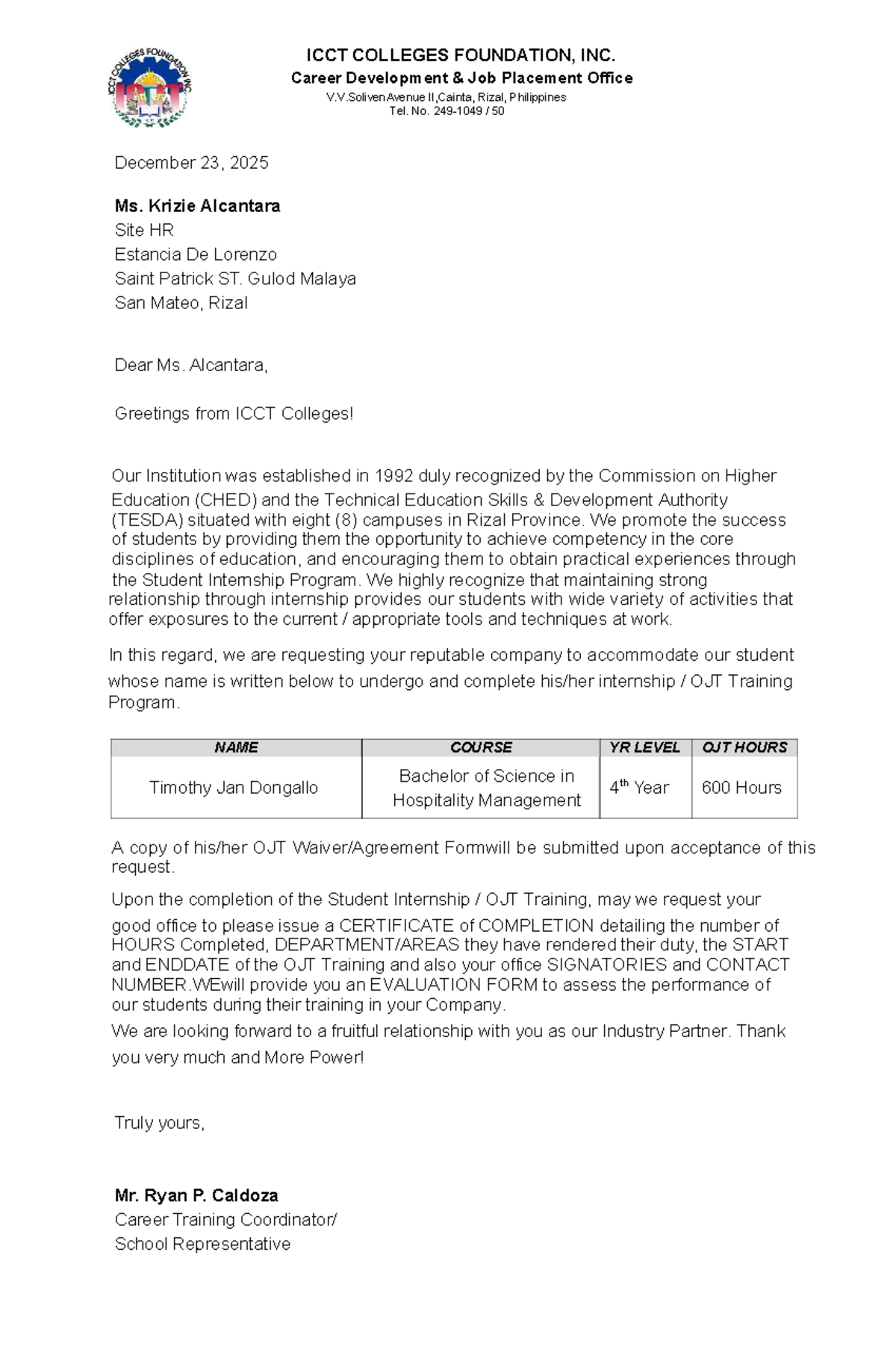 SIP Letter of Endorsement for OJT - ICCT Colleges - Studocu