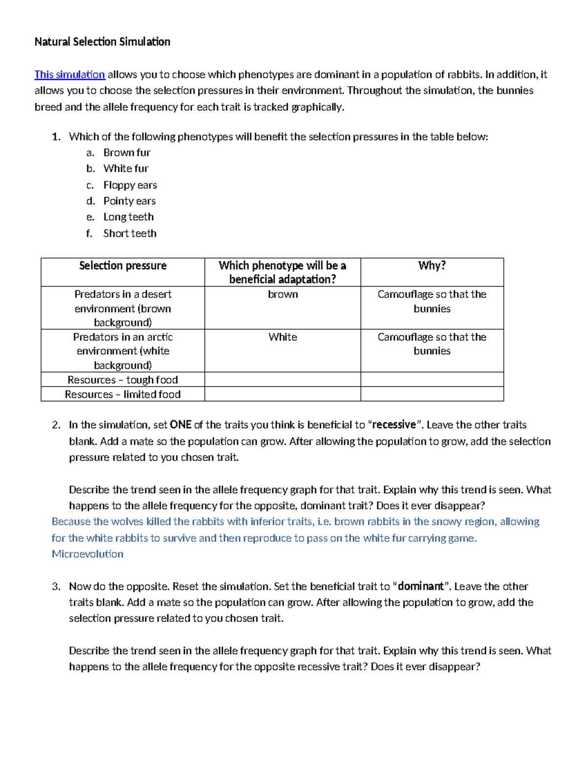 Natural Selection Simulation Investigation-1: Rabbit Phenotype Analysis ...