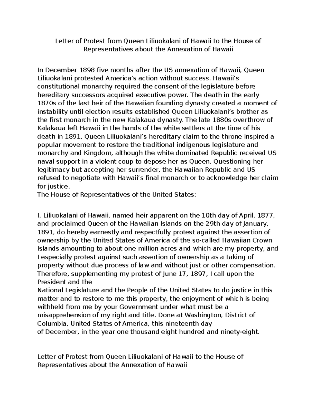 Letter of Protest by Queen Liliuokalani on US Annexation of Hawaii ...