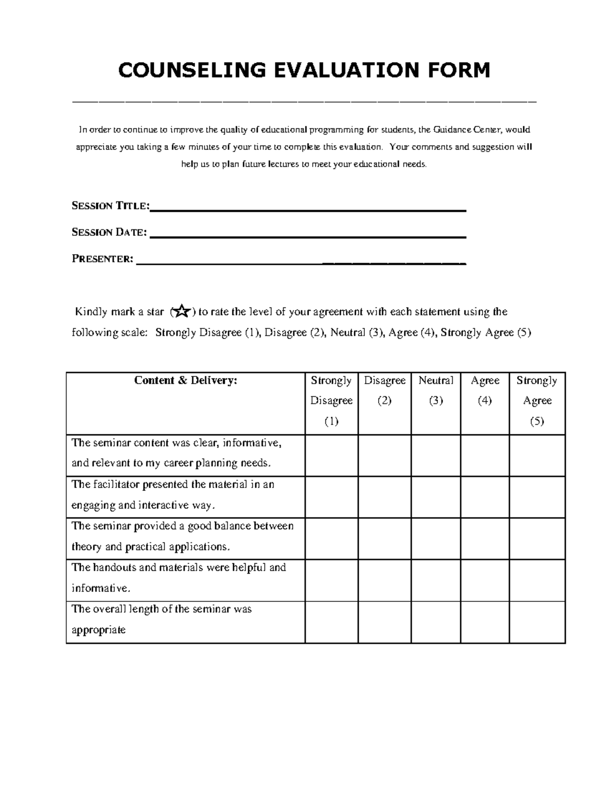 Counseling Evaluation Form for Educational Programming Feedback - Studocu