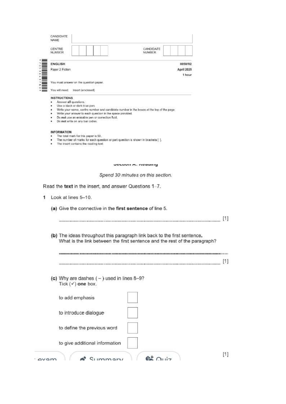 Cambridge Primary Checkpoint English 2025 Paper 2 Questions - Studocu