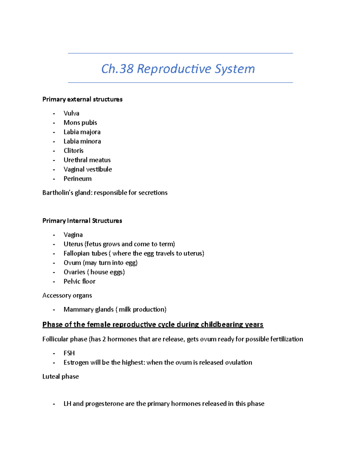 NUR 236 - Chapter 38: The Reproductive System Overview - Studocu