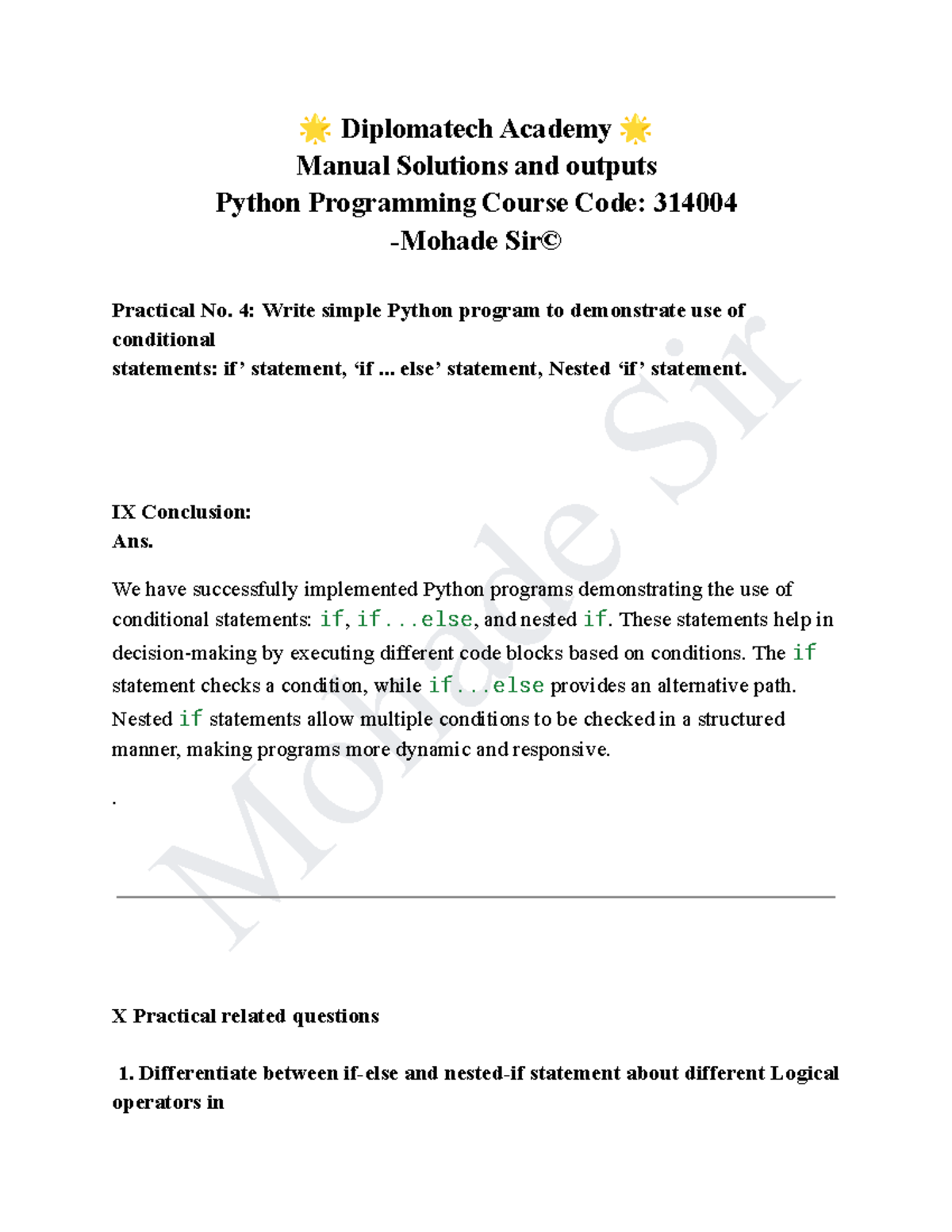 Python Programming Practical NO.4 Answers - Mohade Sir 🌟 Diplomatech Academy 🌟 Manual Solutions ...
