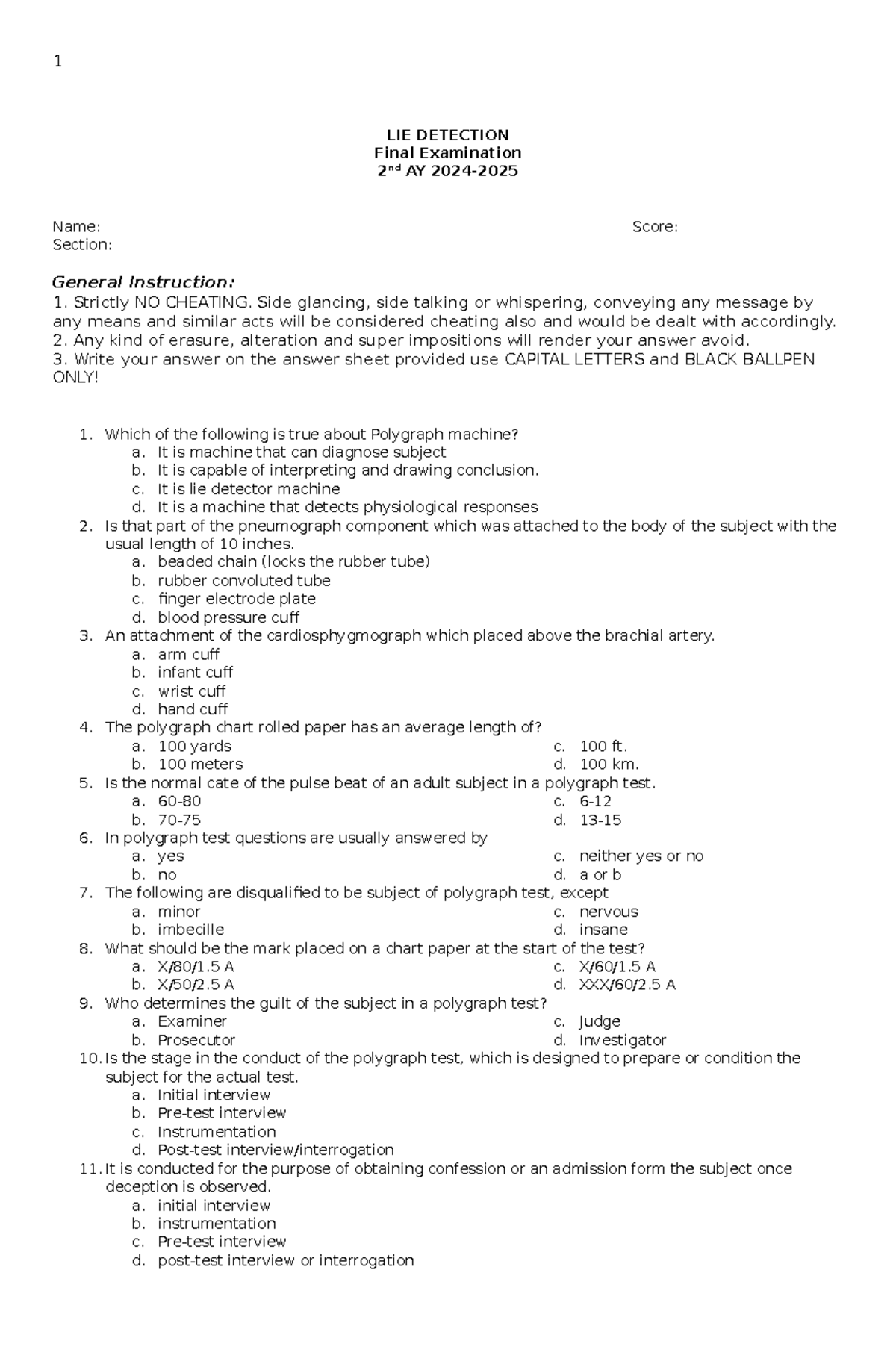 LIE DETECTION Final Exam Review - Forensic 5 - Studocu