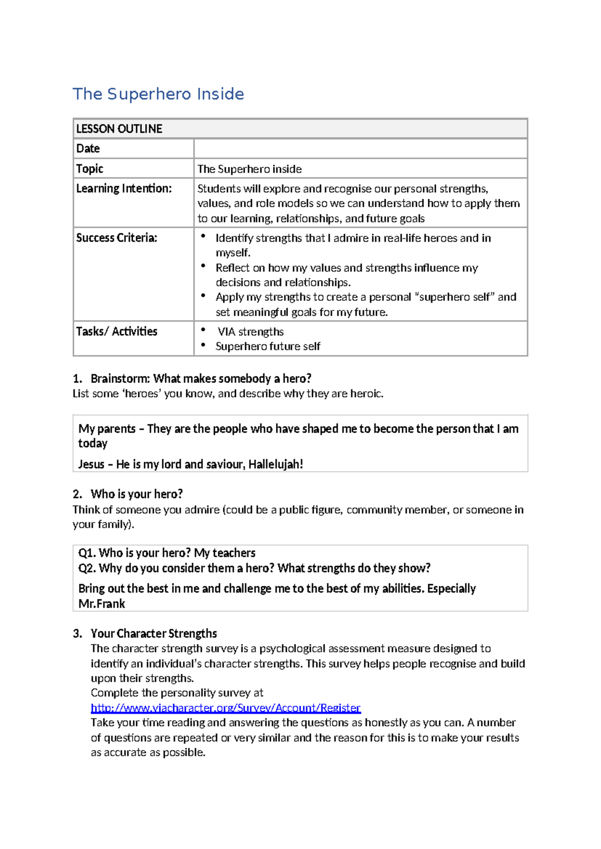 Yr 11 Bricks - The Superhero Inside Lesson Outline - Studocu