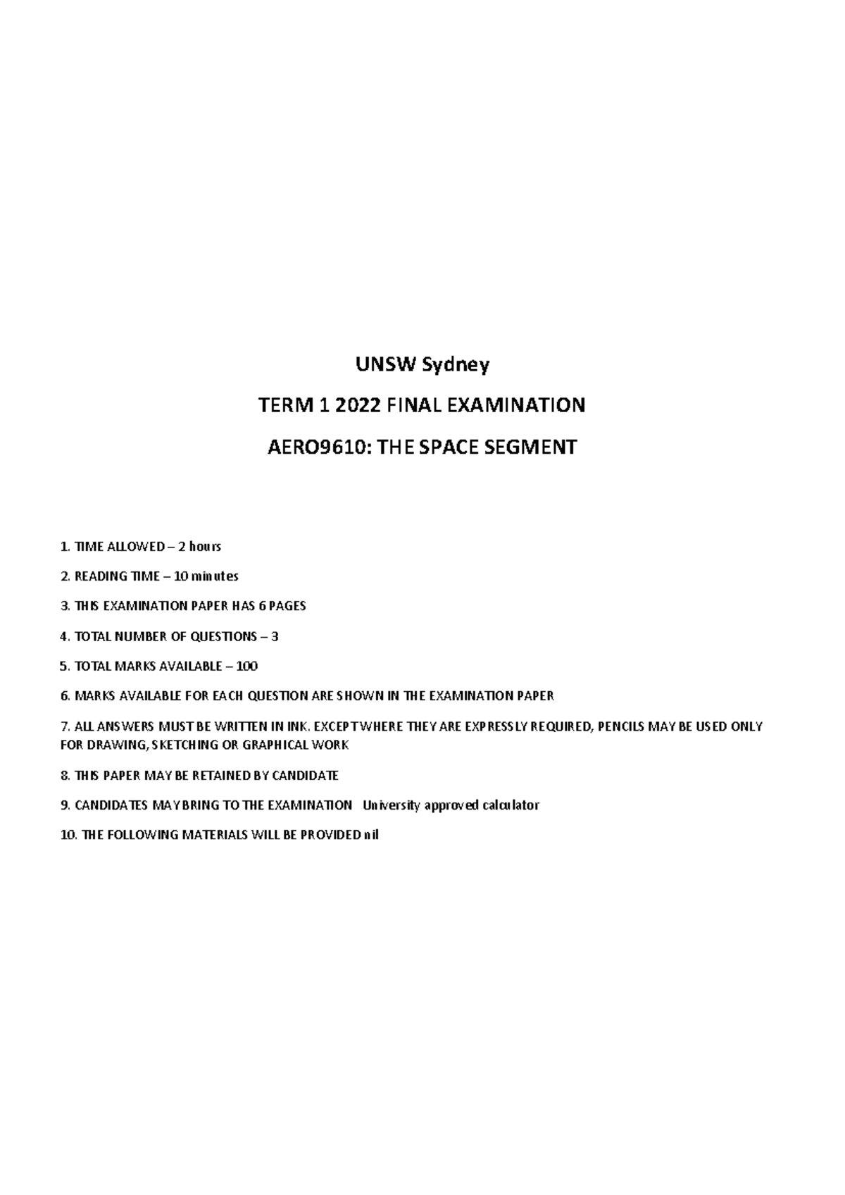 AERO9610 Final Exam 2022 - UNSW Sydney TERM 1 2022 FINAL EXAMINATION ...