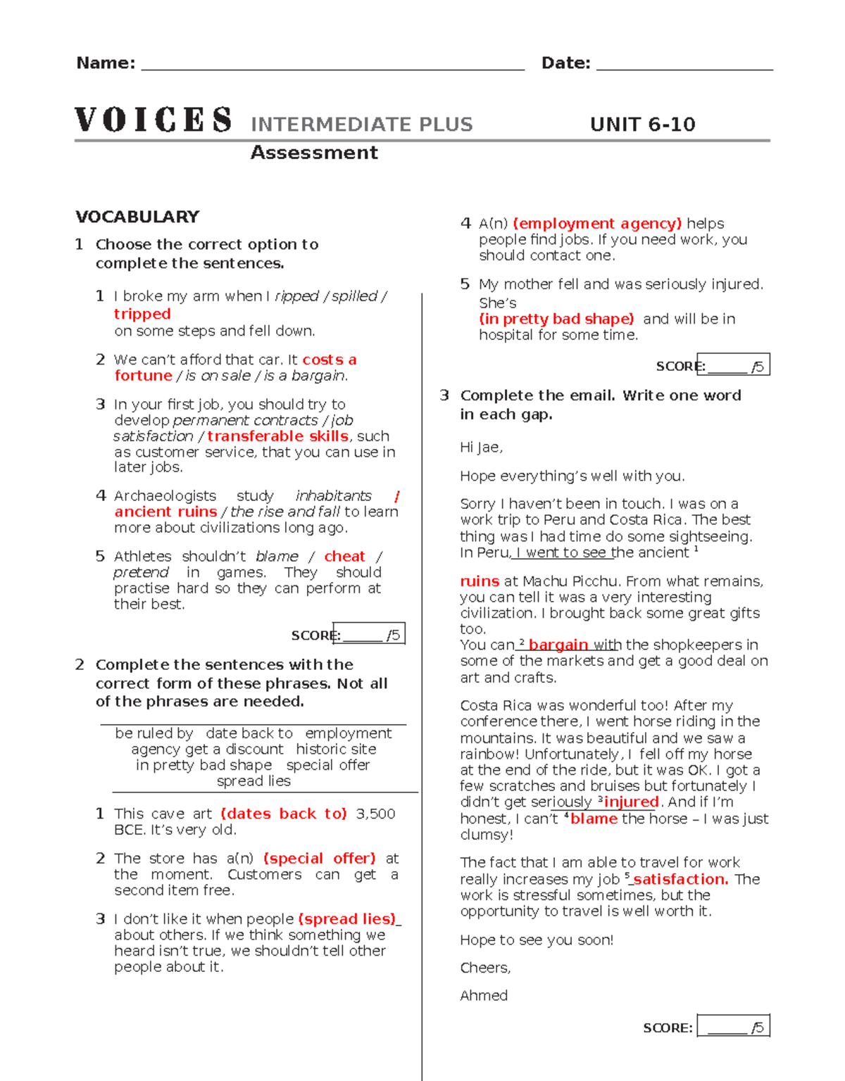 INTERMEDIATE PLUS VOCABULARY UNIT 4 Assessment - PROGRESS TEST 2 - Studocu