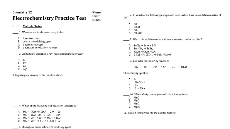 Chemistry 12 Electrochemistry Practice Test I: Multiple Choice ...