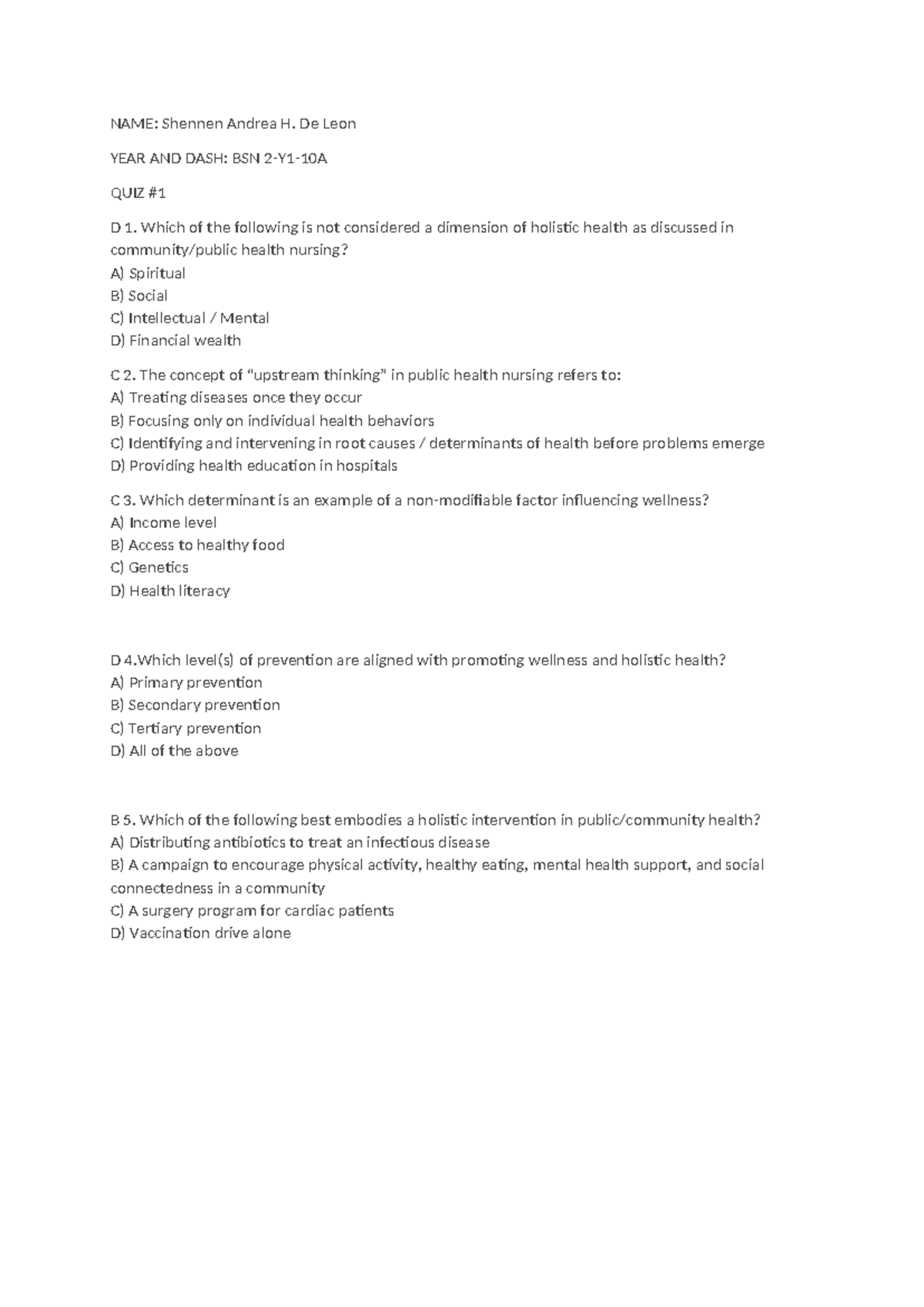 BSN Quiz on Holistic Health & Universal Health Care Concepts - Studocu