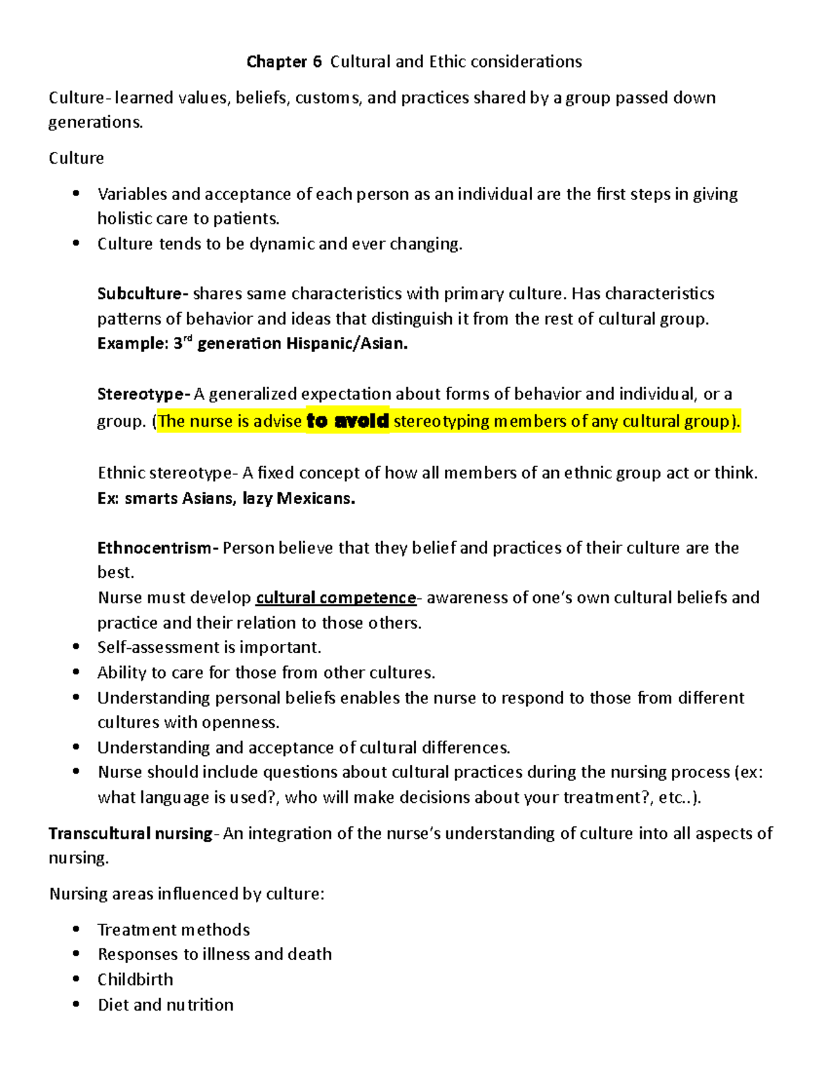 CULT 101: Ch6 Cultural & Ethnic Considerations in Nursing Care - Studocu
