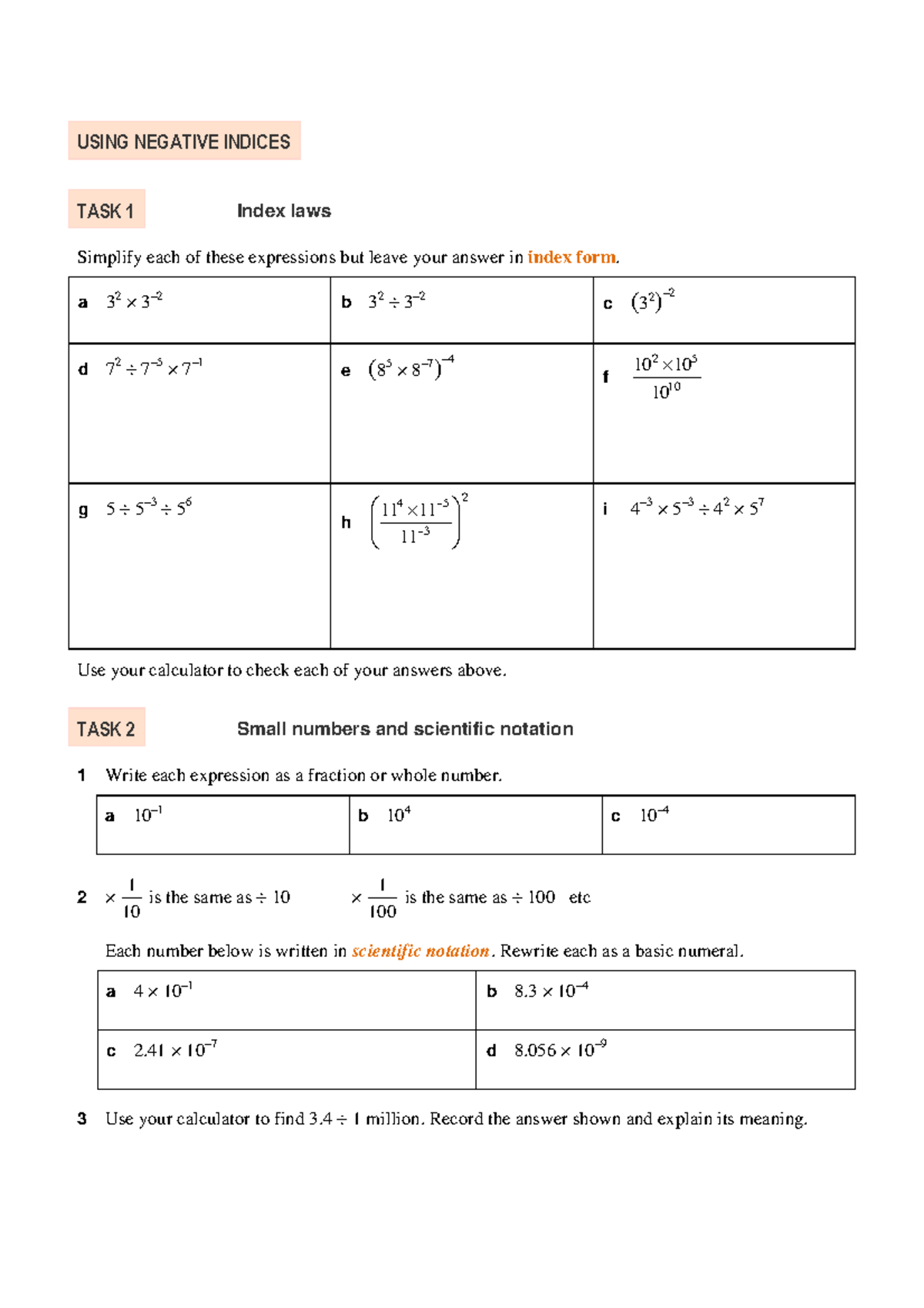 Year 9 - Index Laws: Negative Indices & Scientific Notation Tasks - Studocu