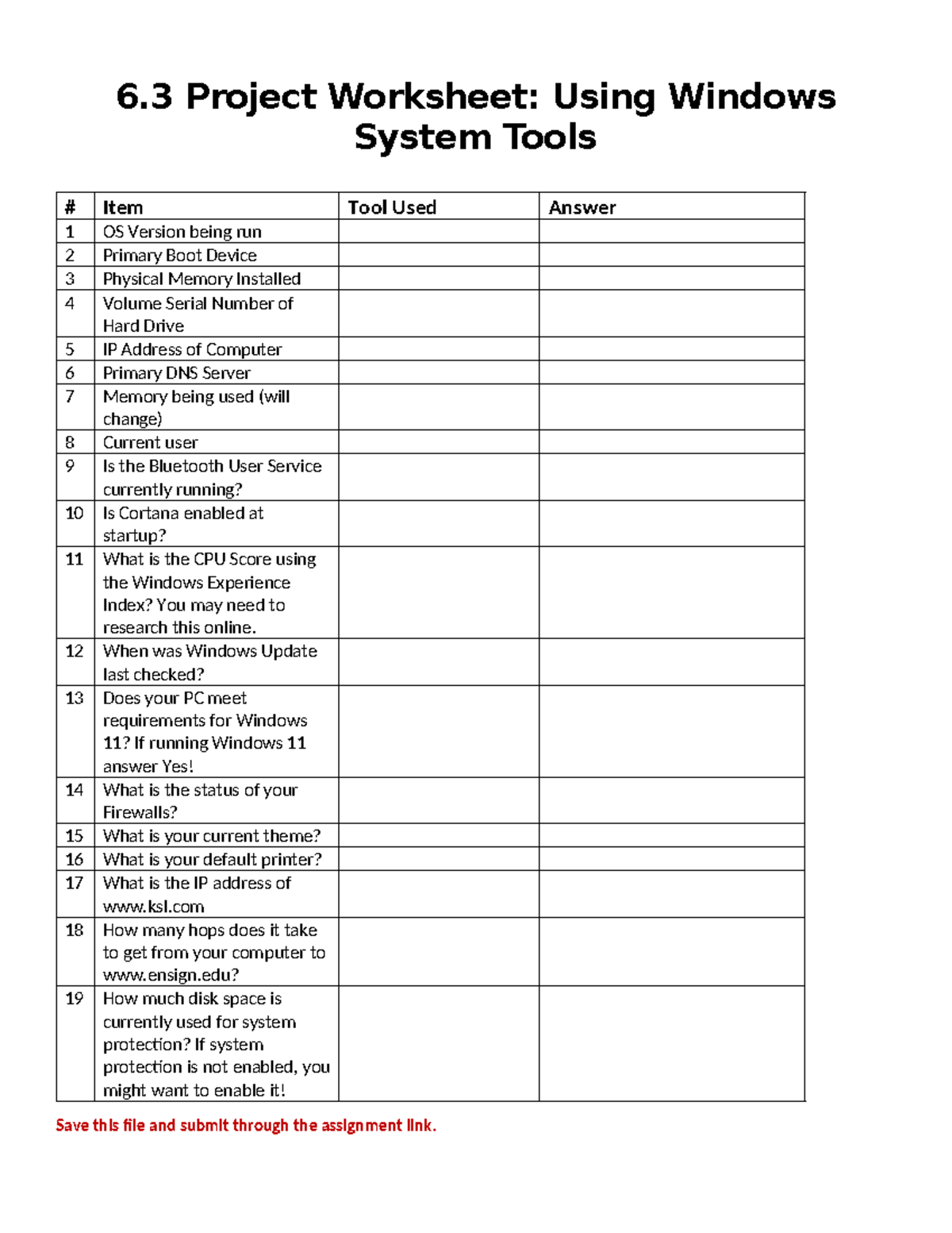 ITC 101 Week 5 Project Worksheet: Windows System Tools Analysis - Studocu
