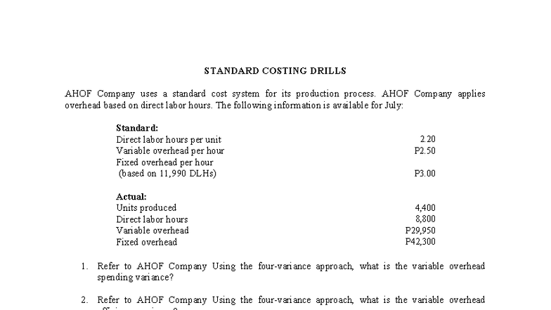 Prelim- Topic- Drills - Standard Costing & Budgeting Analysis - Studocu