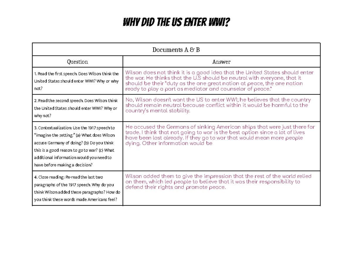 Rebeca - Graphic Organizer - Why did the US Enter WWI? Documents A & B ...