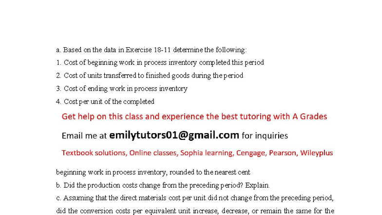 Cost Analysis for Exercise 18.11: Work in Process Inventory - Studocu