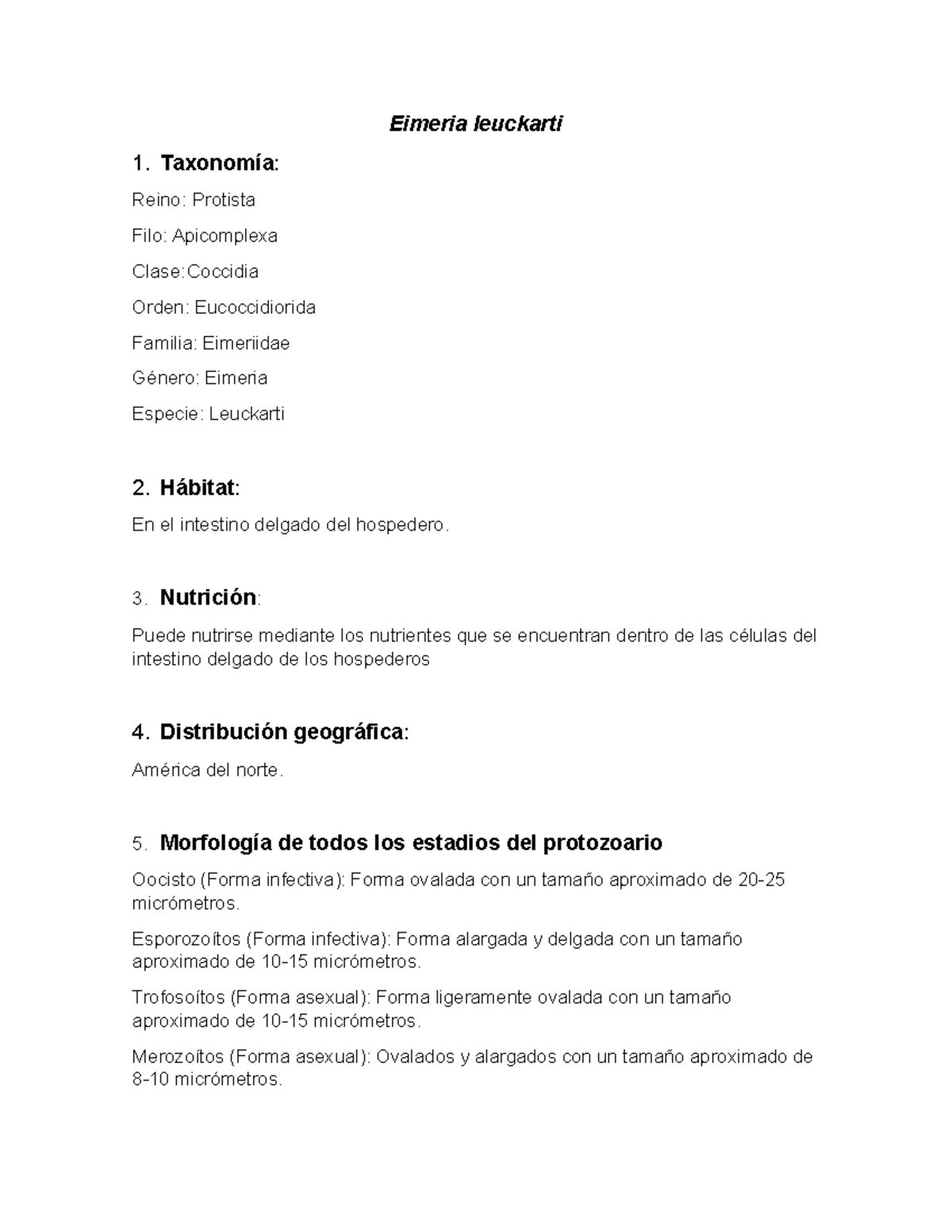 Eimeria leuckarti: Taxonomía, Hábitat y Ciclo Biológico - Studocu