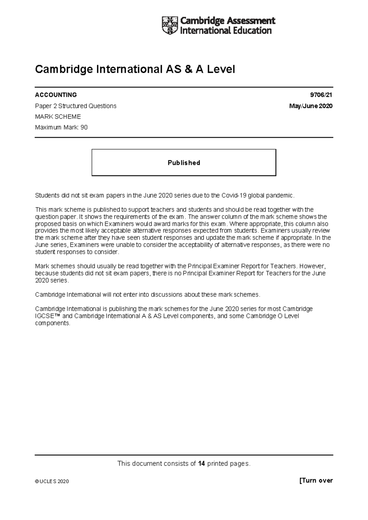Cambridge International AS A Level Accounting 9706/21 Mark Scheme 2020 ...