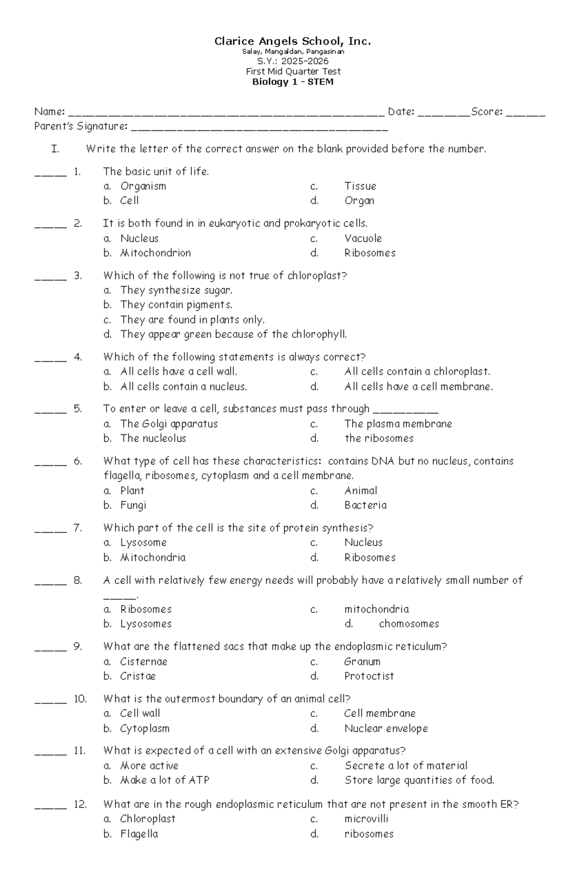 Nova - 1st Mid Quarter Test in Biology 1 (S.Y. 2023) - Studocu