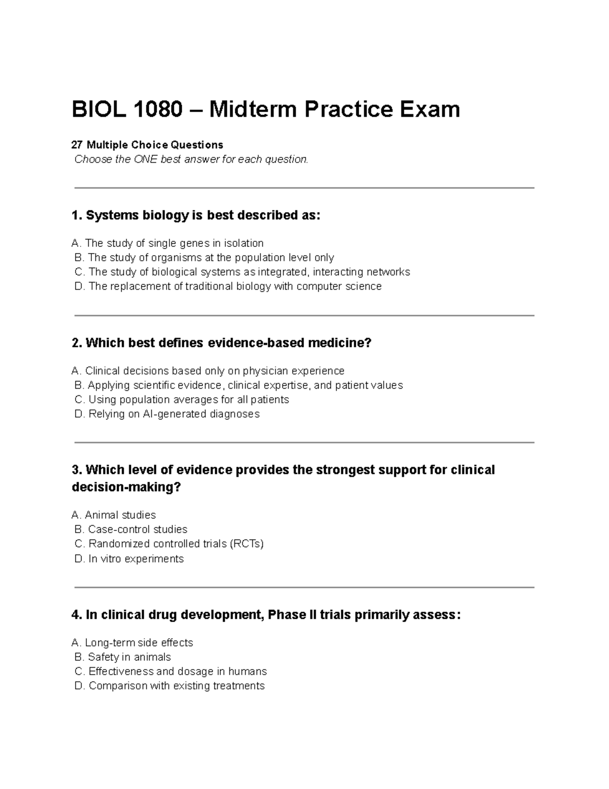 BIOL 1080 Midterm Practice Exam: Multiple Choice Questions - Studocu