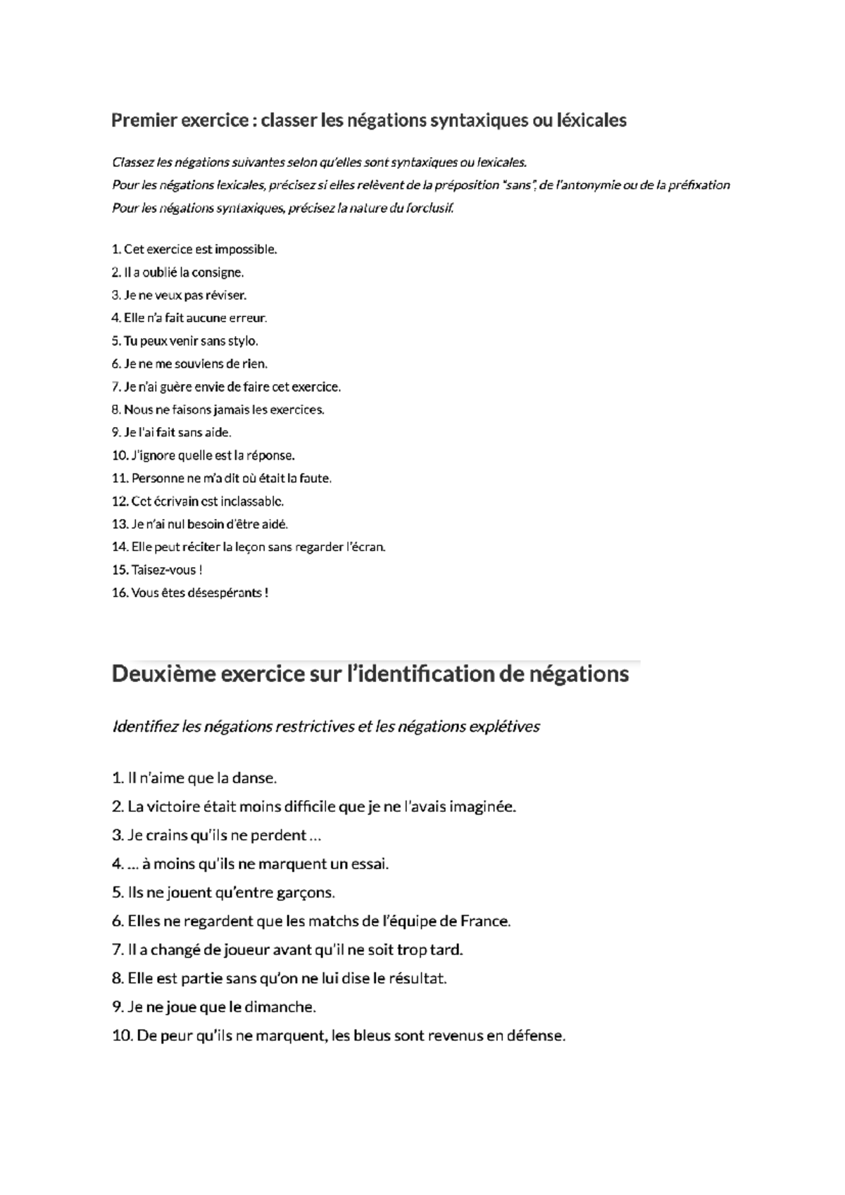 Exercices corrigés sur la négation - Syntaxe et Lexique - Studocu