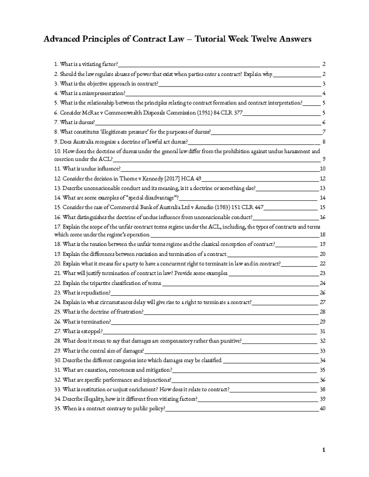 Advanced Principles of Contract Law Tutorial Week 12 Exam Notes (Course ...