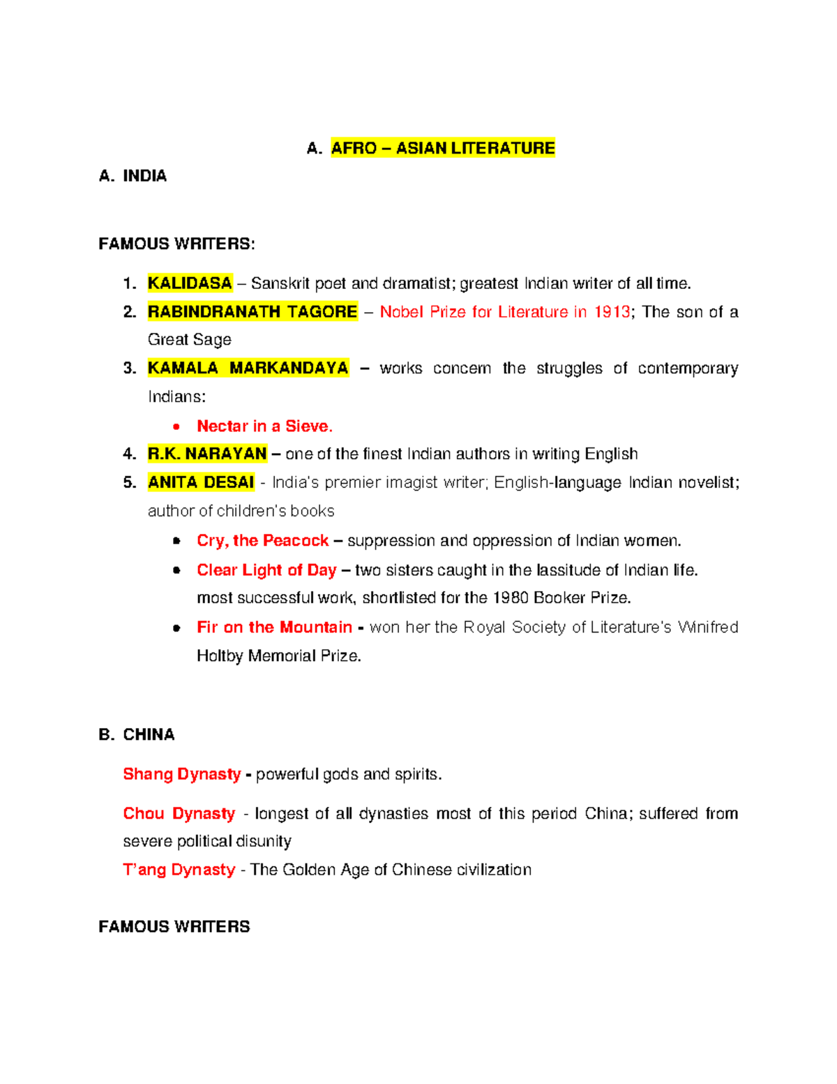 AFRO- Asian Literature - A. AFRO – ASIAN LITERATURE A. INDIA FAMOUS ...