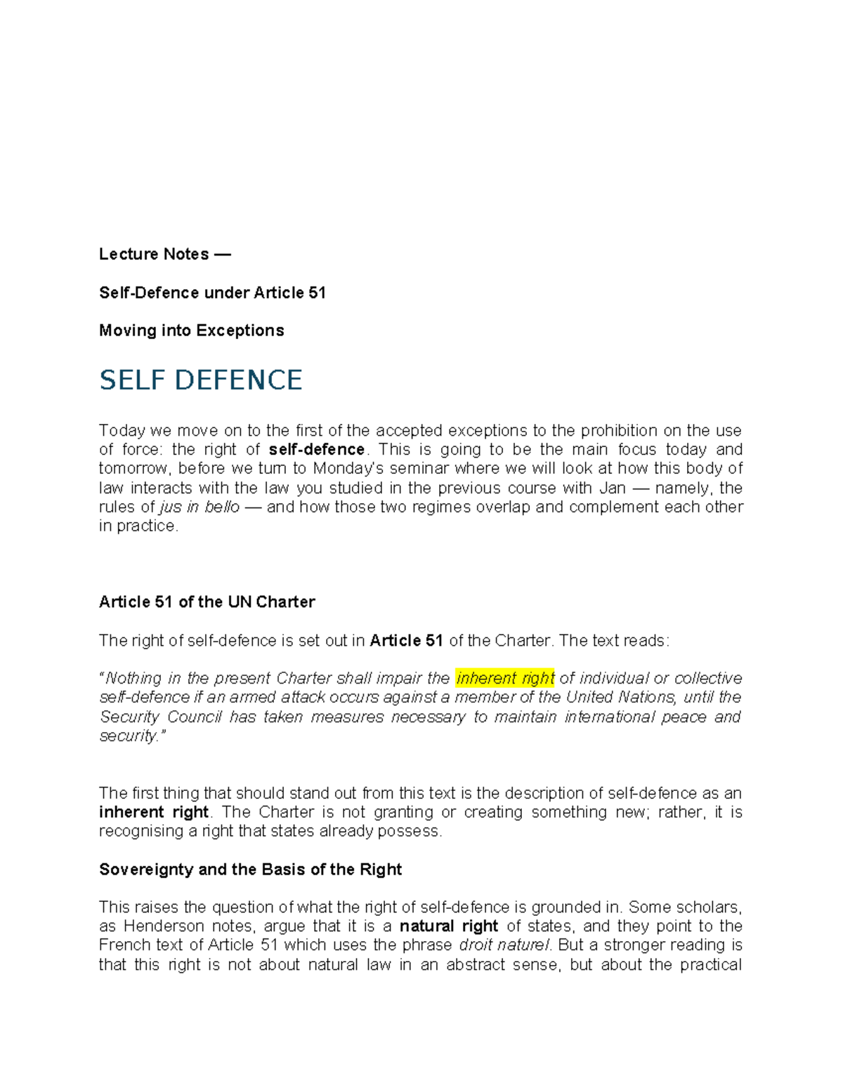 Lecture Notes: Article 51 & Self-Defence Exceptions in Int'l Law - Studocu