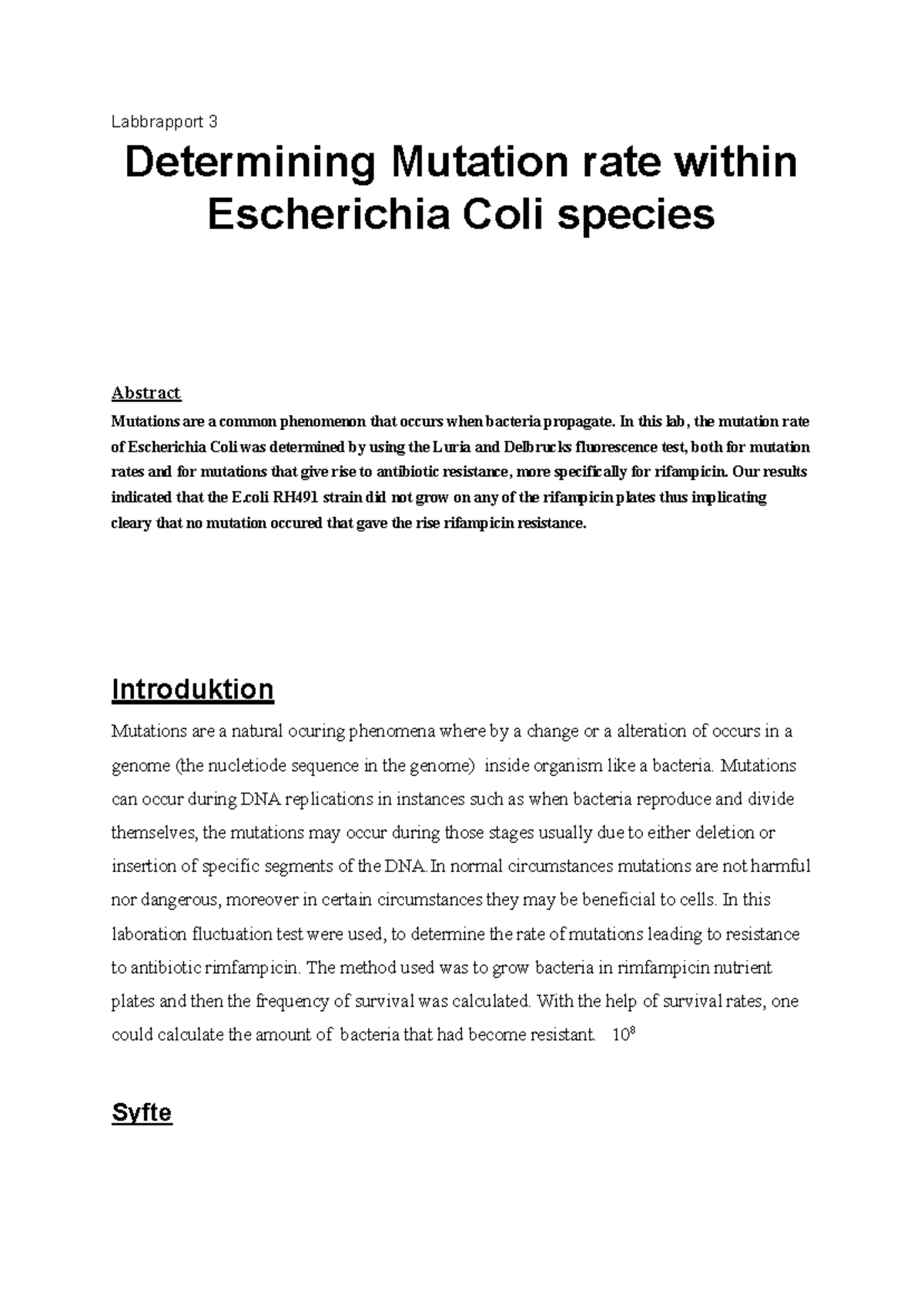 Lab 3 - Mutation Rate Analysis of E. coli for Rifampicin Resistance ...