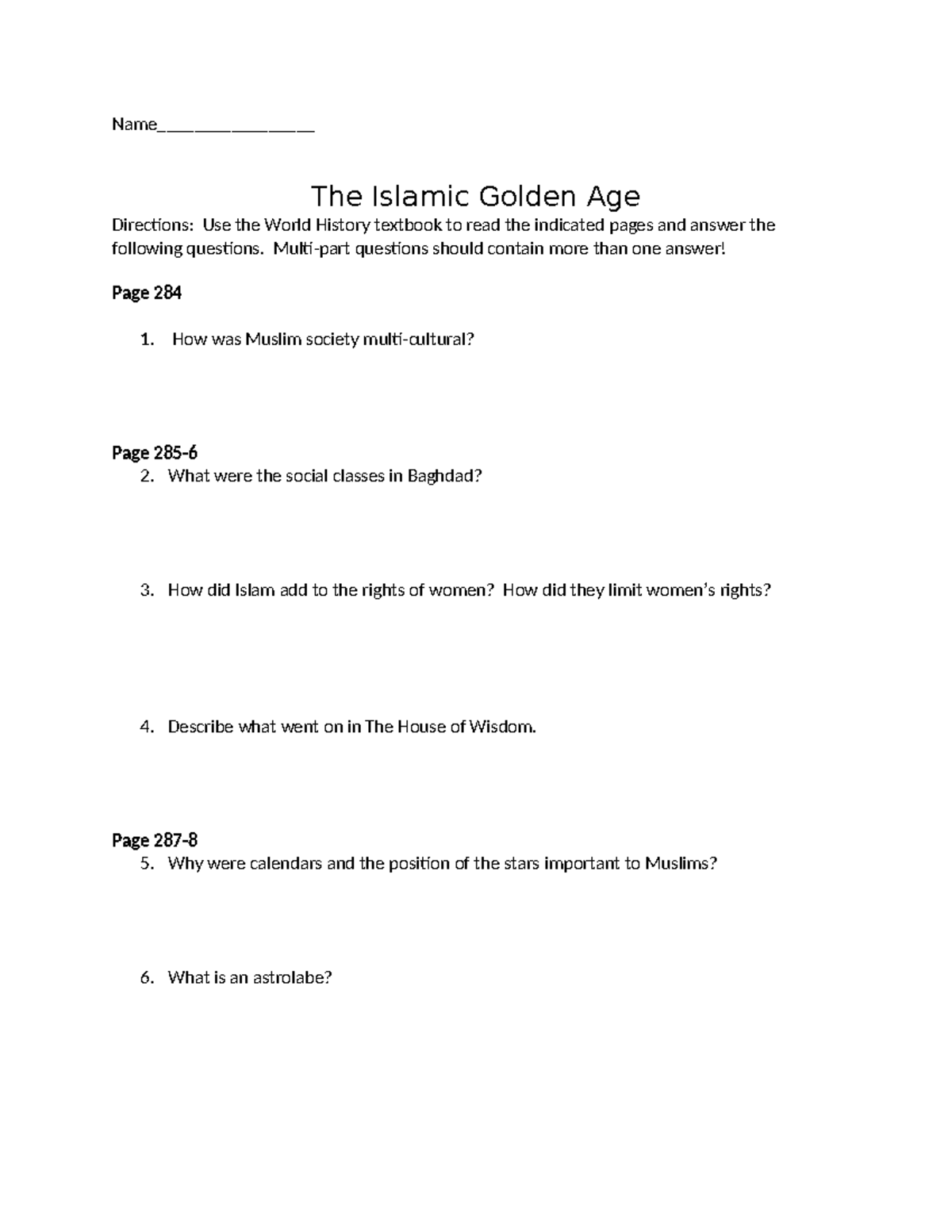 Islamic Golden Age: Read & Respond Questions - Studocu