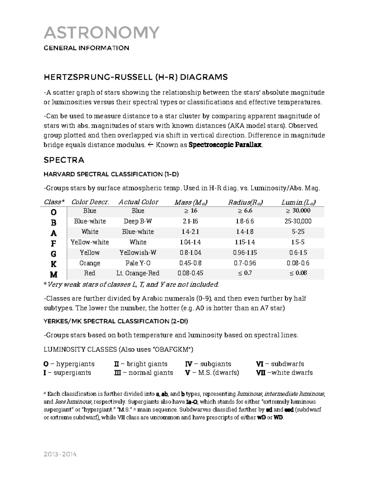 Astronomy Study Notes: Understanding H-R Diagrams and Stellar Evolution ...