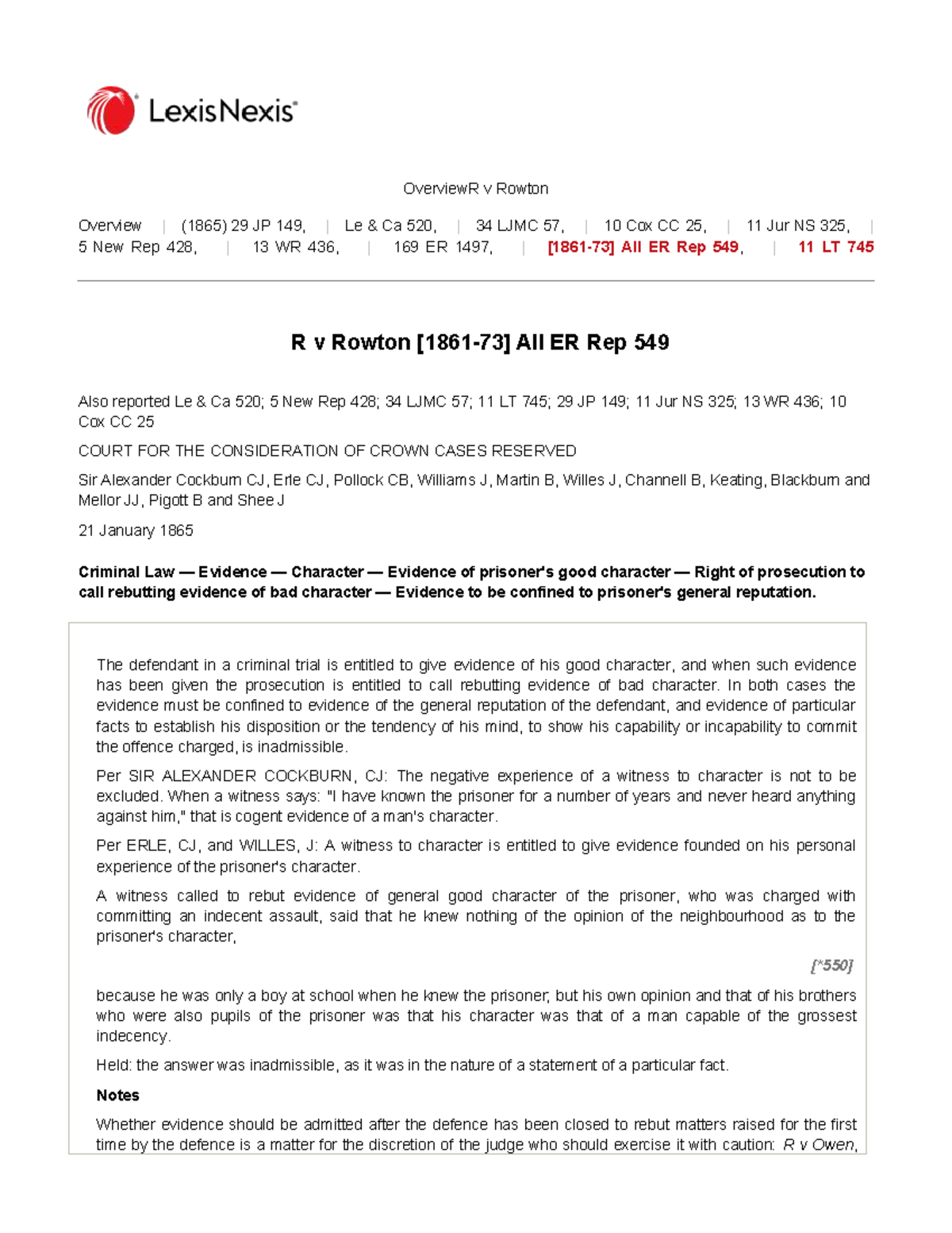 R v Rowton: Character Evidence in Criminal Trials (1865) All ER Rep 549 ...