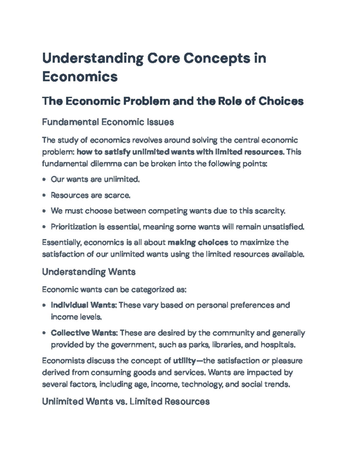 Core Economic Concepts: The Economic Problem and Resource Allocation ...