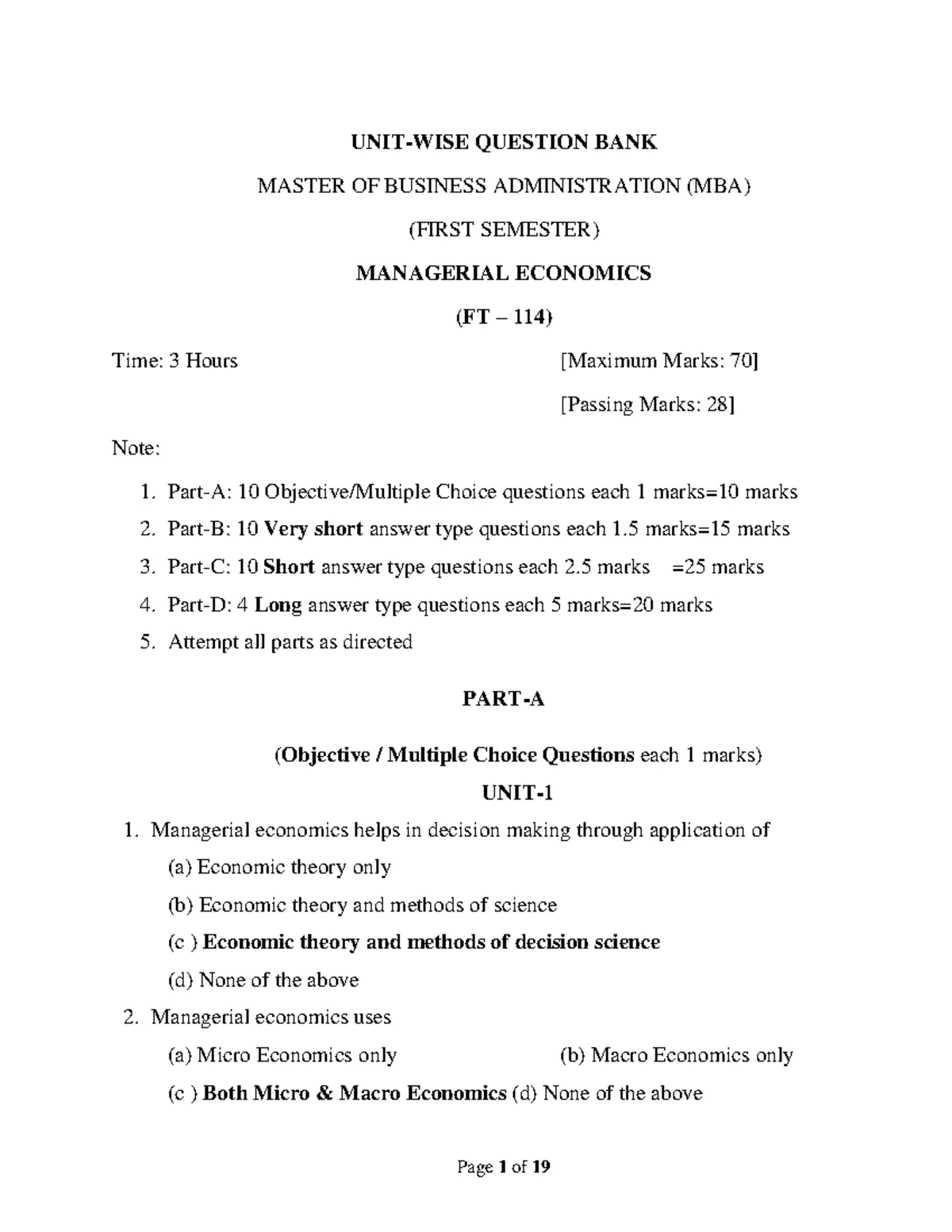 Managerial Economics all unit mcqs - UNIT-WISE QUESTION BANK MASTER OF BUSINESS ADMINISTRATION ...