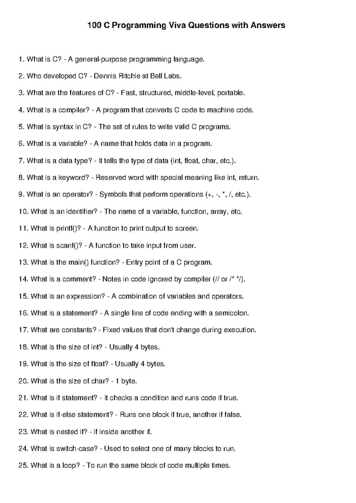 C Programming 100 Viva Questions & Answers for Exam Preparation - Studocu