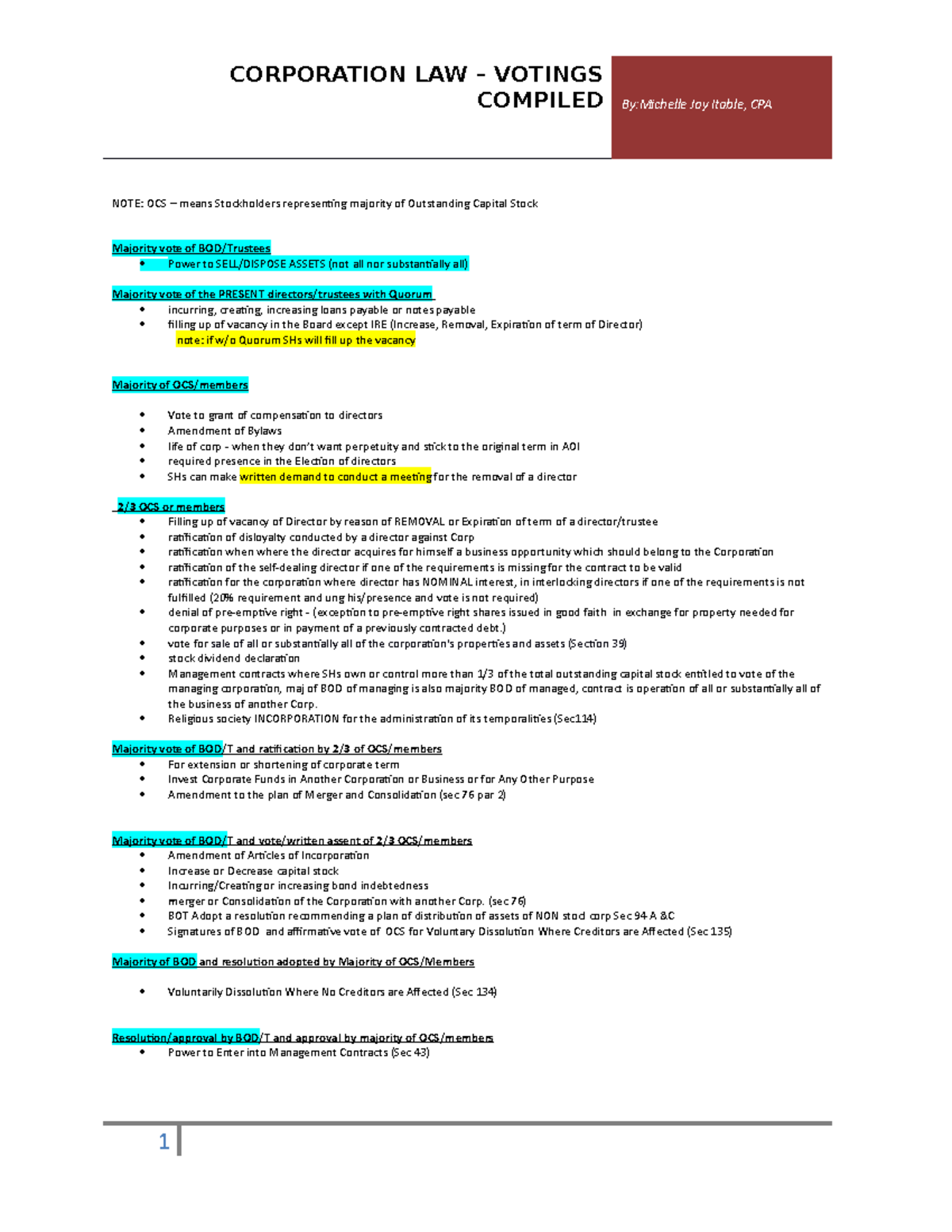 Corp Law Voting Guidelines - Essentials for OCS and BOD Decisions - Studocu
