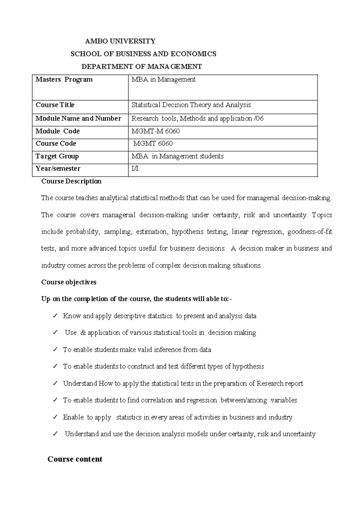 Statistical Decision Theory & Analysis - MGMT 6060 Course Notes - Studocu