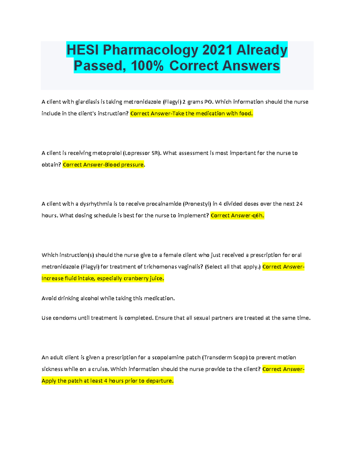 HESI Pharmacology 2021 Final Exam Study Guide with 100% Correct Answers ...