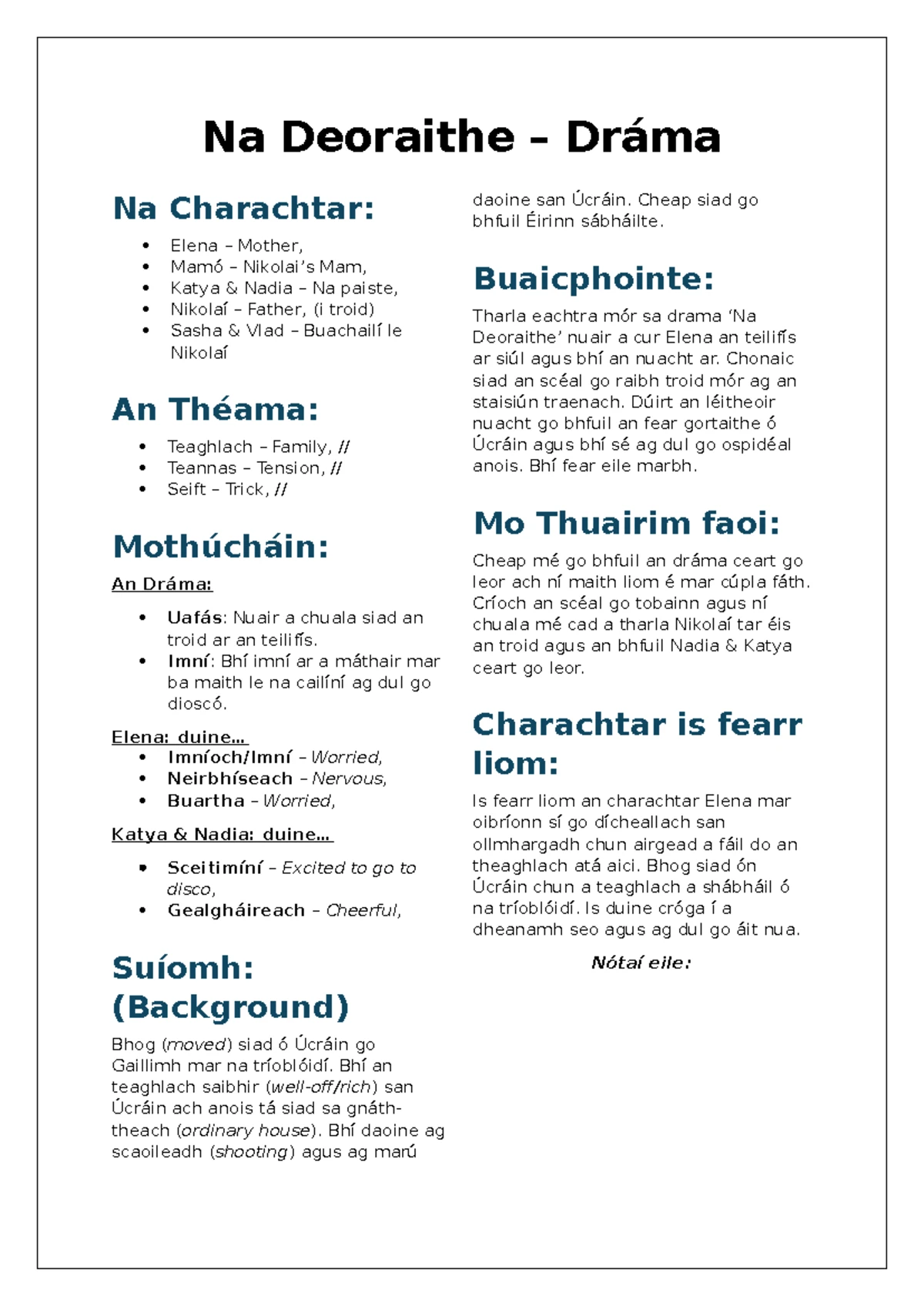 Hurlamaboc Revision Notes GL - Tarlaíonn imeachtaí an scéil i ...