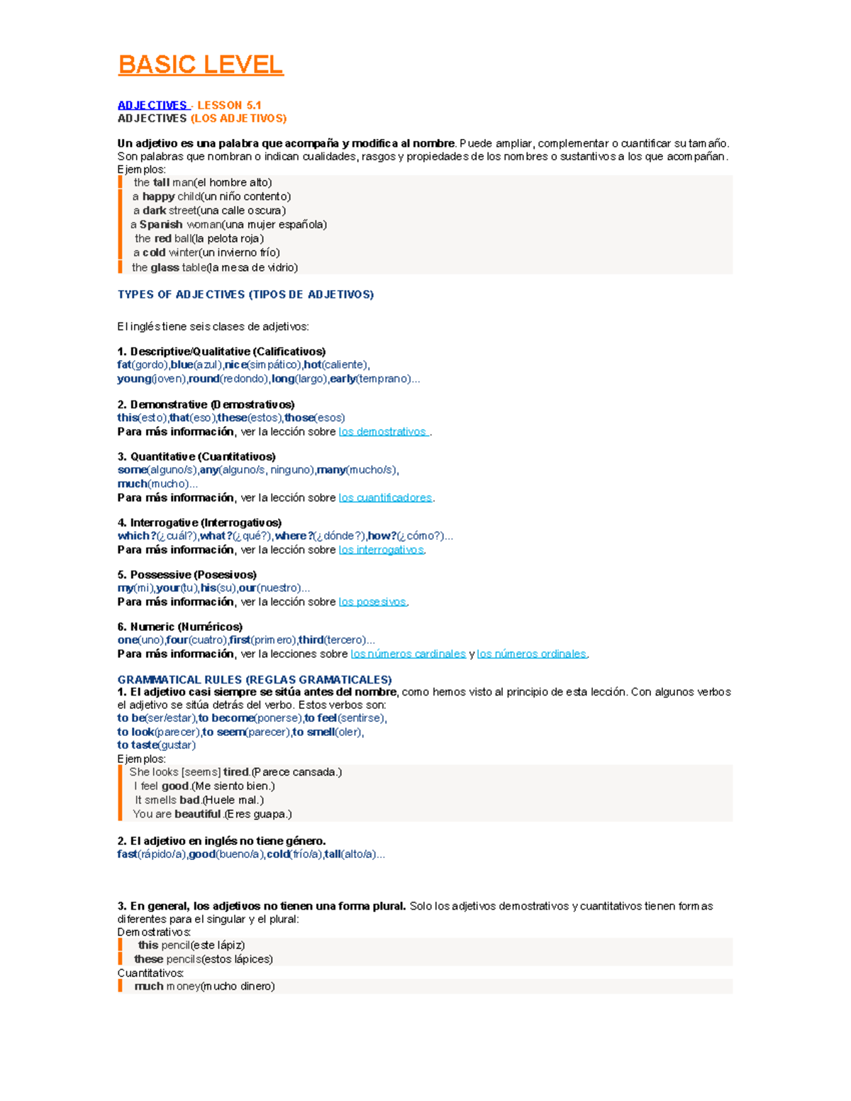 BASIC LEVEL ADJECTIVES LESSON 5.1 (LOS ADJETIVOS) - Studocu