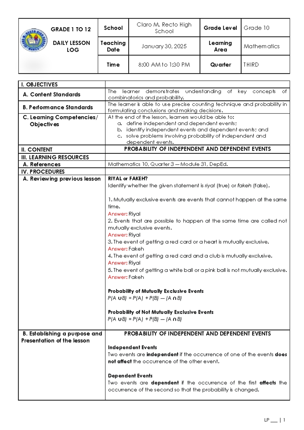 DLP - Lesson Plan on Probability: Independent & Dependent Events - Studocu