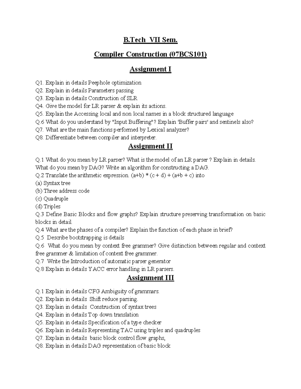 B.Tech VII Sem. Compiler Construction & Data Mining Assignments - Studocu