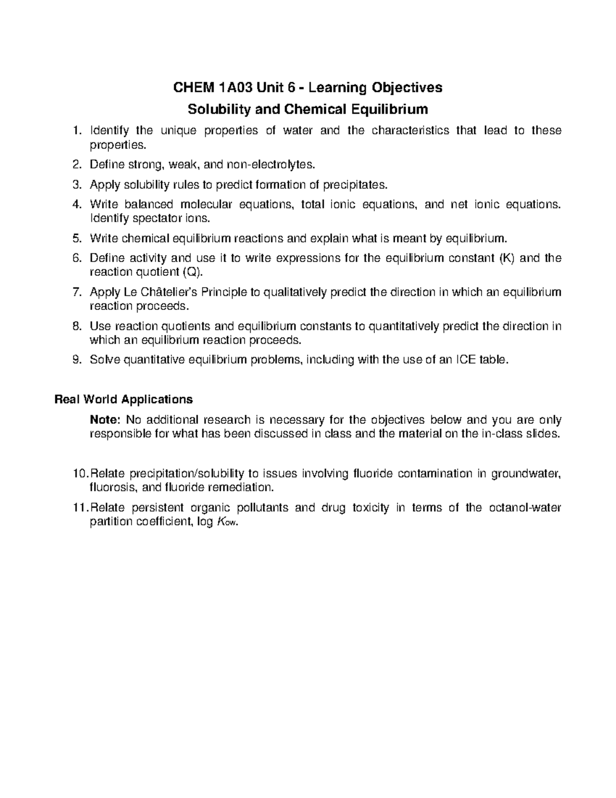 CHEM 1A03 Unit 6 Final Exam Learning Objectives: Equilibrium ...