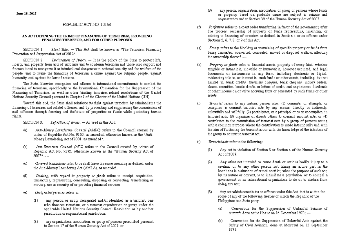 Republic Act No. 10168: Terrorism Financing Prevention Act (2012) - Studocu