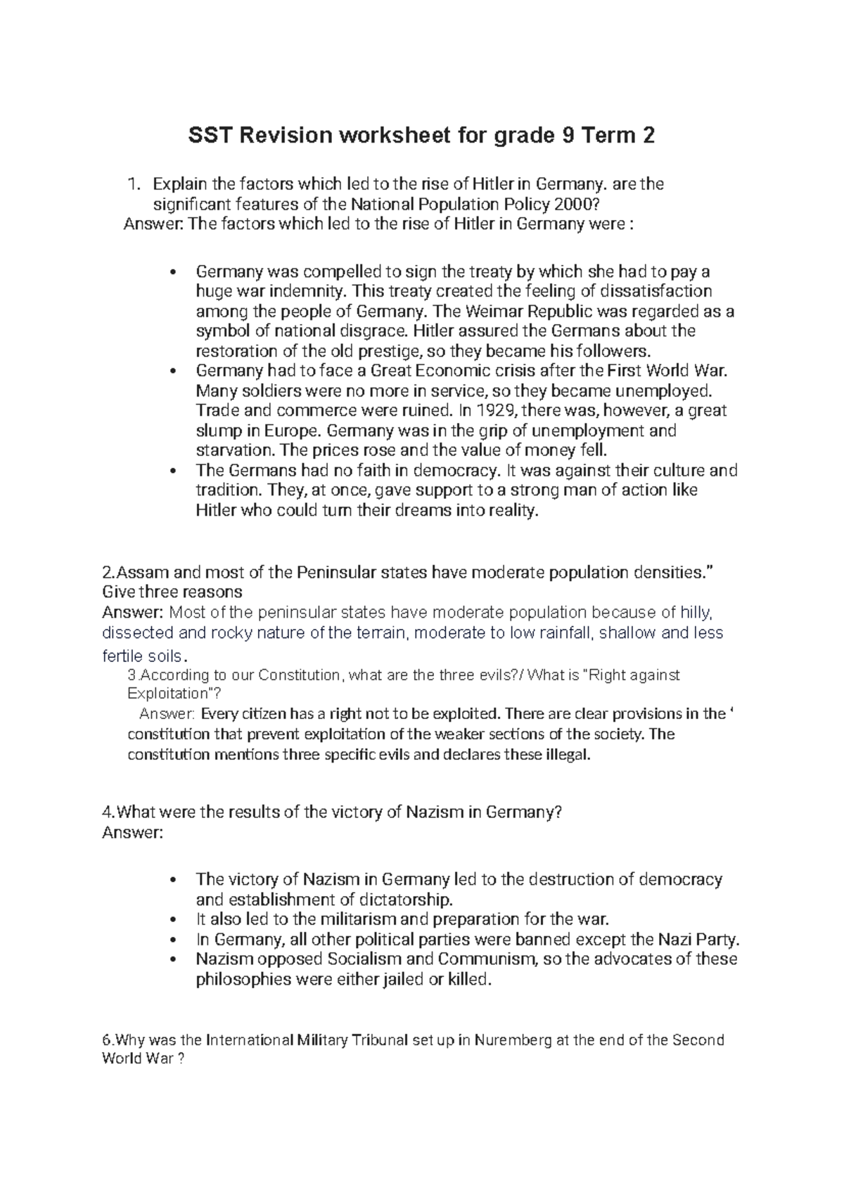 SST Grade 9 Term 2 Revision Worksheet: Key Concepts and Answers - Studocu