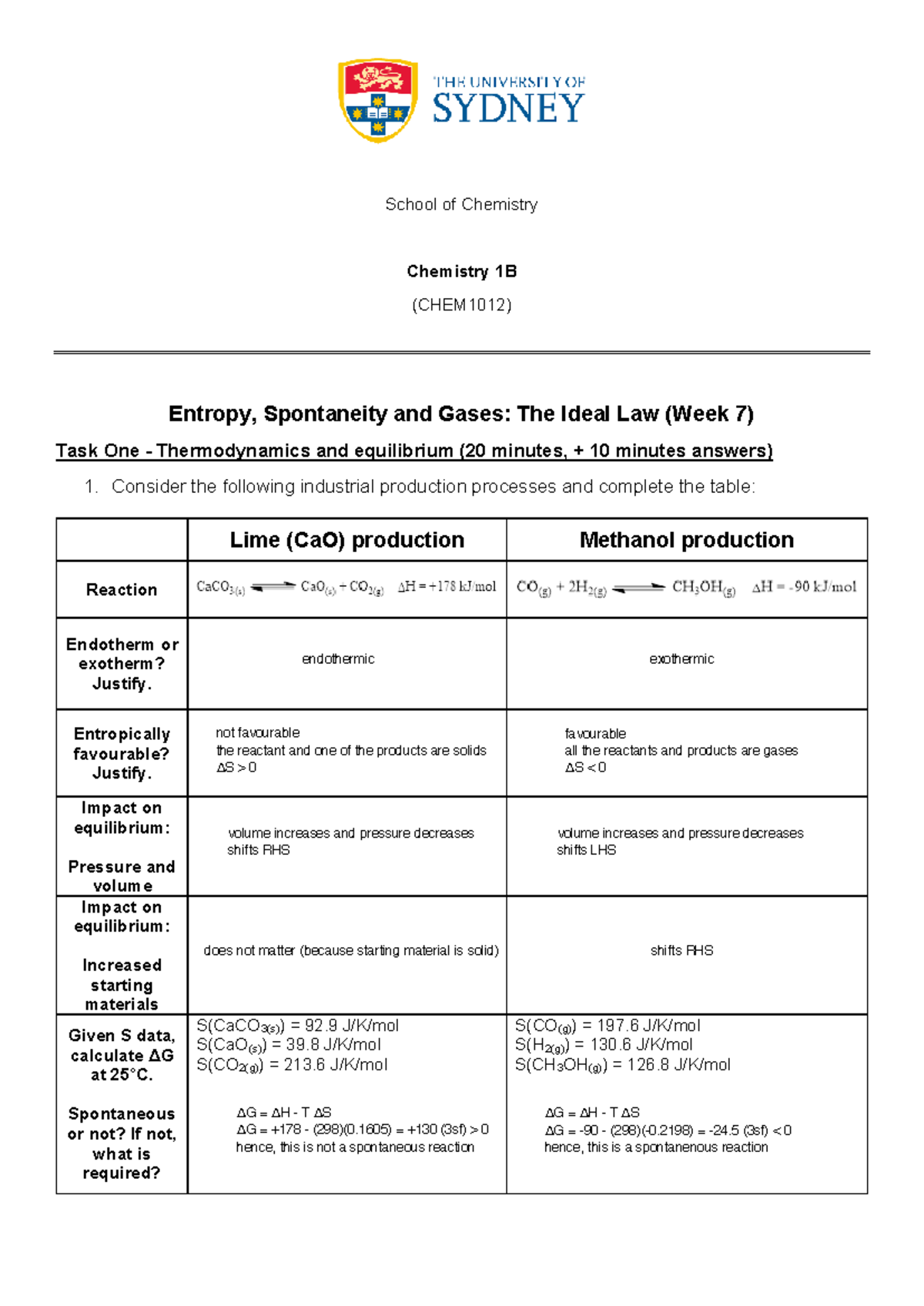 CHEM1012 Week 7 Tutorial: Entropy, Gases & Ideal Gas Law - Studocu