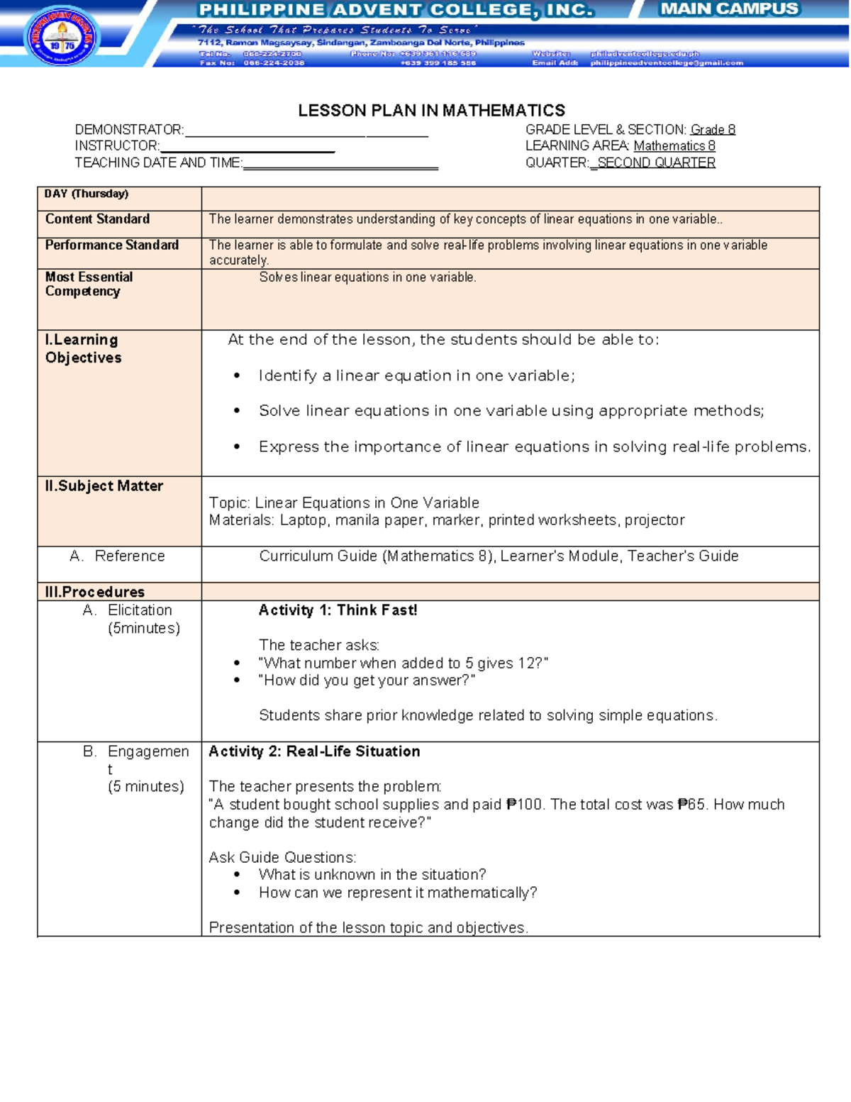Grade 8 Mathematics Lesson Plan: Linear Equations in One Variable - Studocu