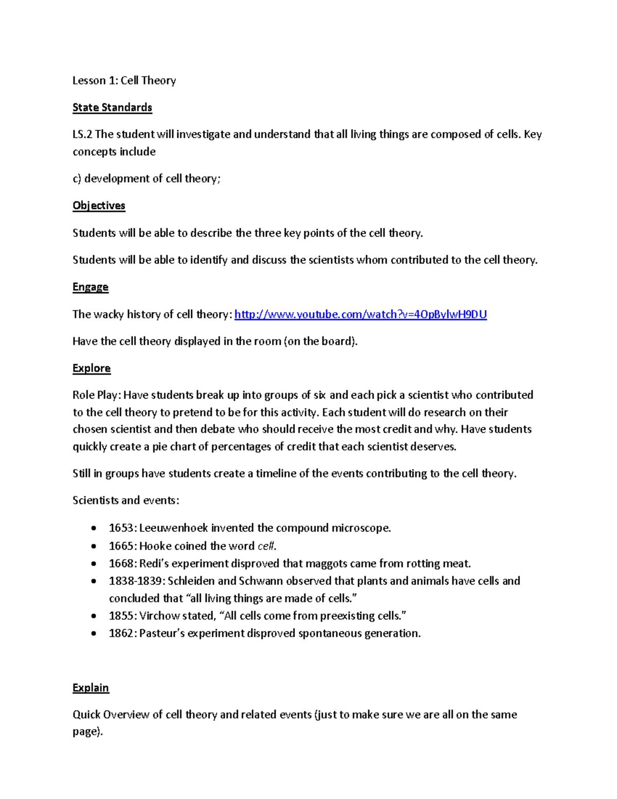 Cell Theory Lesson Plan and Activities: Biology 101 - Studocu